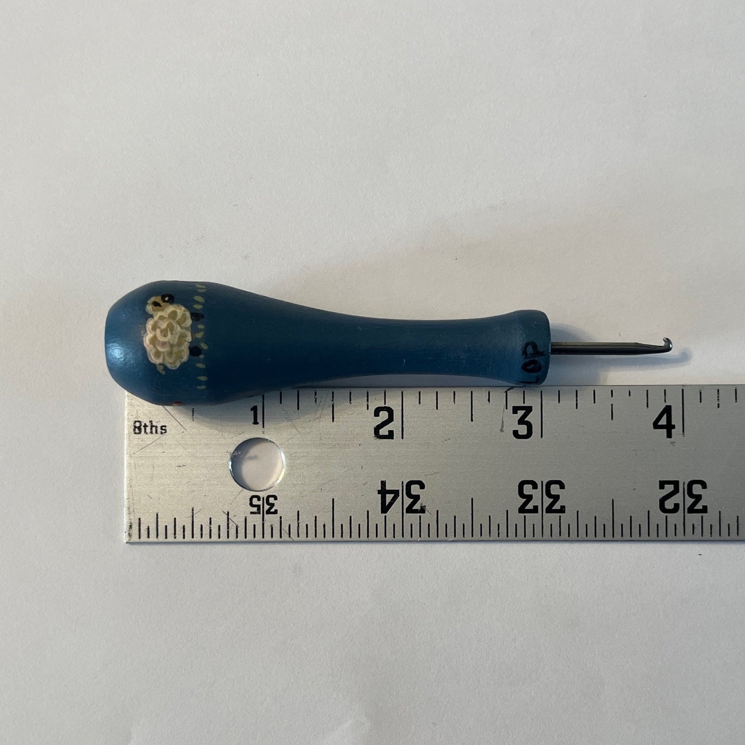 Used Vintage Rug Hooking Hook with Blue Handle & Sheep Motif